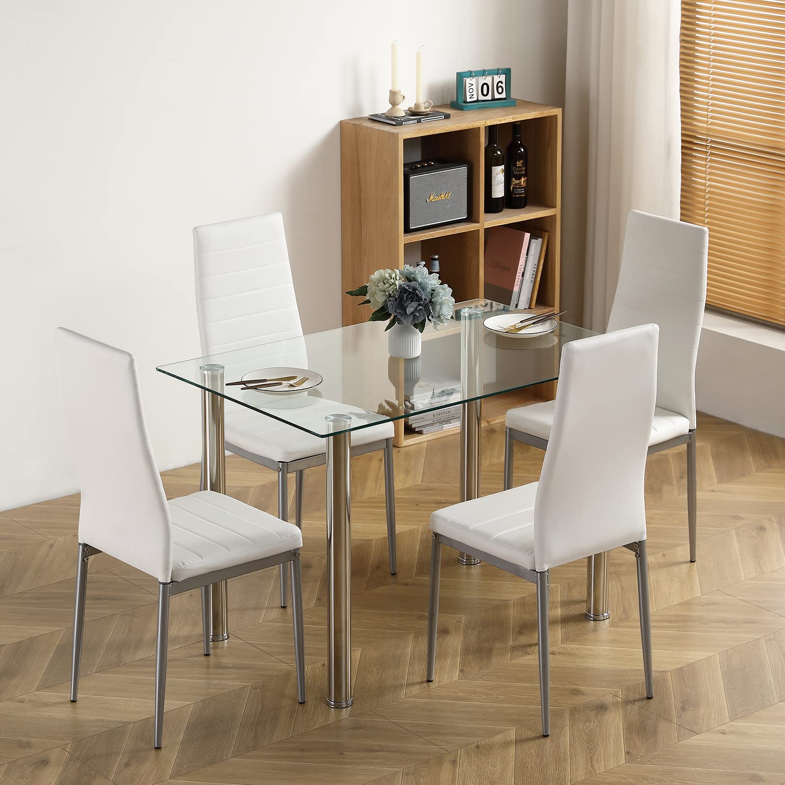 TIOPLY Dining Table Set for 4, 5 Piece Kitchen Table and Chairs Set, Tempered Glass Table and PU Leather Chairs for Small Space,Apartment,White