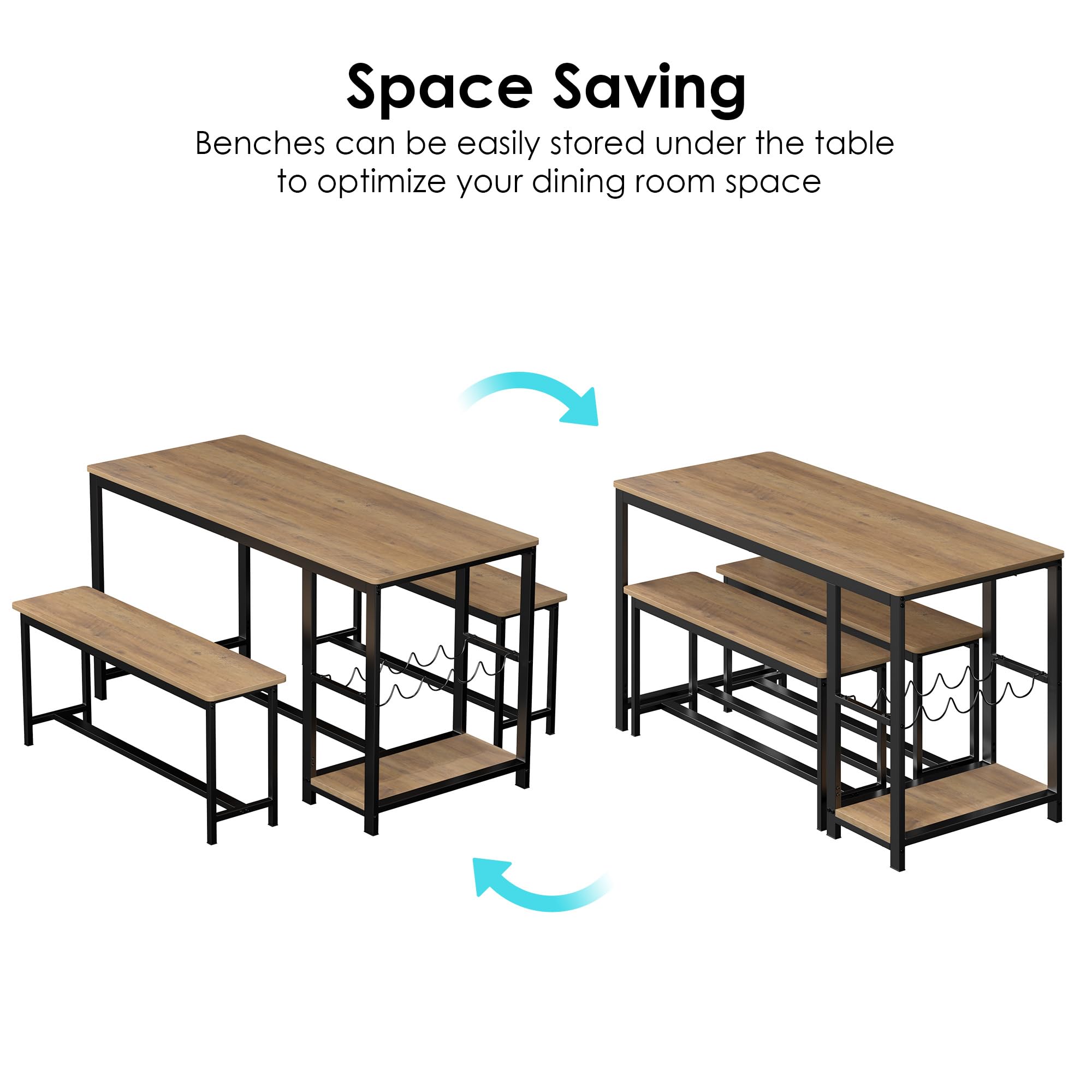 BOTLOG 3-Piece Kitchen Table for 4, 54.7" Dining Table Set with 2 Benches, Dining Room Table with MDF Wood Board, Storage Shelf, Wine and Glass Rack, Industrial (Brown)
