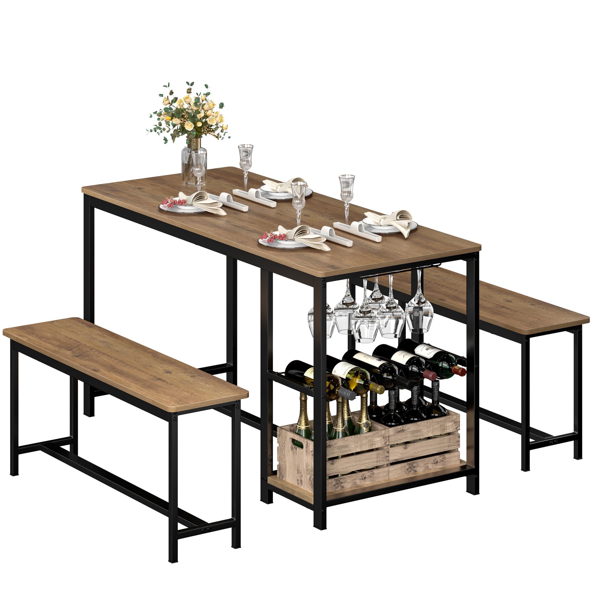 BOTLOG 3-Piece Kitchen Table for 4, 54.7" Dining Table Set with 2 Benches, Dining Room Table with MDF Wood Board, Storage Shelf, Wine and Glass Rack, Industrial (Brown)