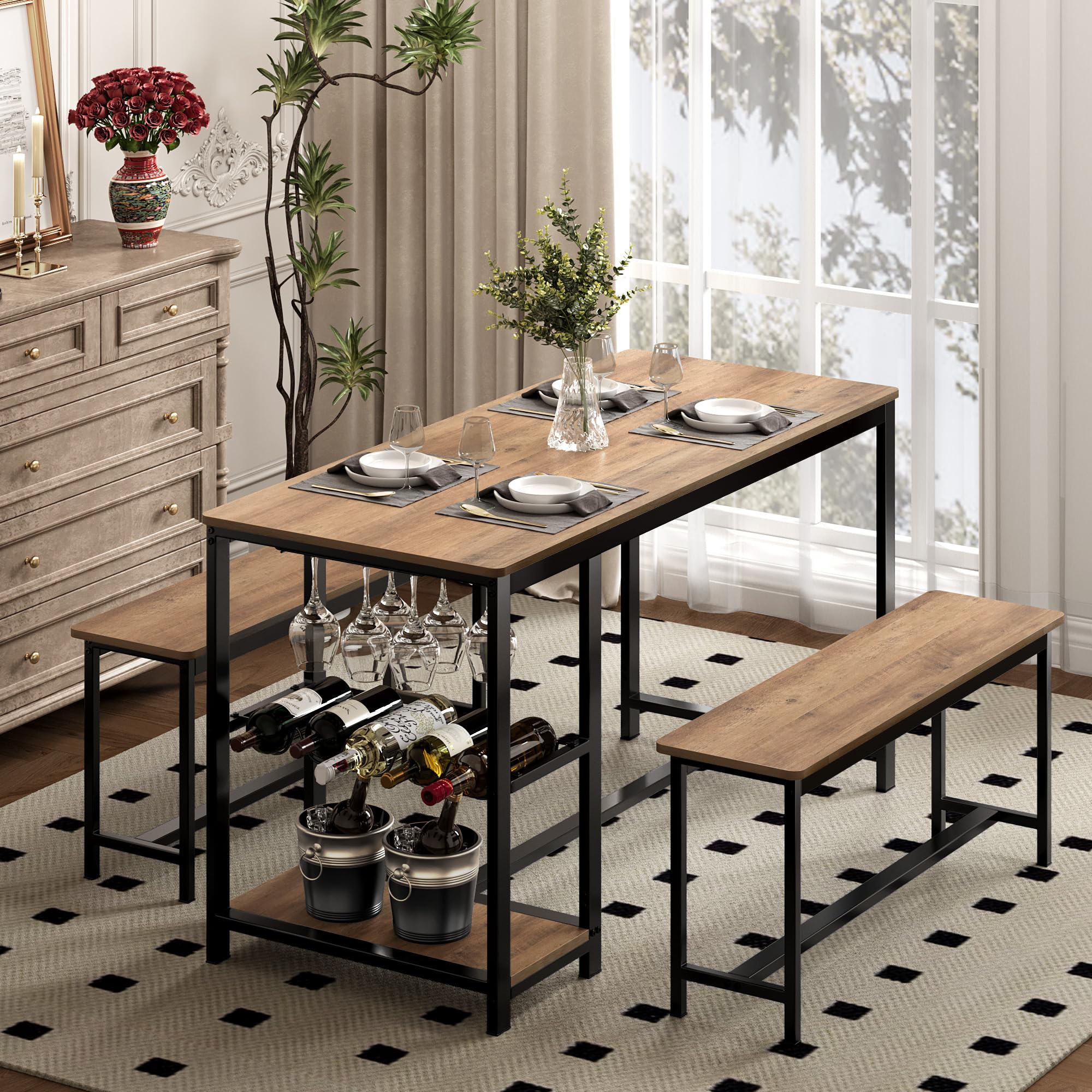 BOTLOG 3-Piece Kitchen Table for 4, 54.7" Dining Table Set with 2 Benches, Dining Room Table with MDF Wood Board, Storage Shelf, Wine and Glass Rack, Industrial (Brown)
