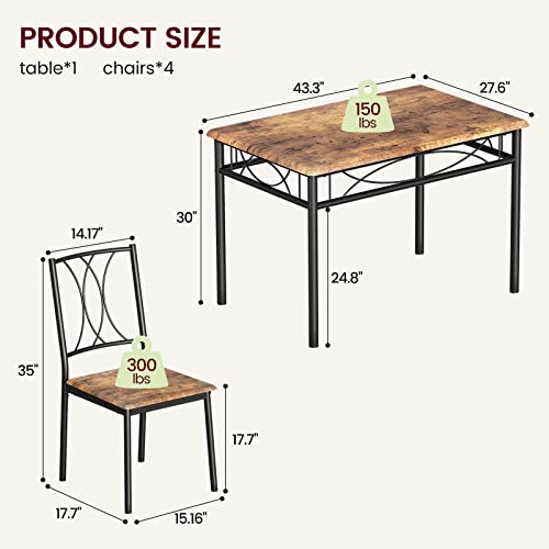 Fancihabor Dining Table Set for 4, Kitchen Table and Chairs for 4, Rectangular Dining Room Table Set with 4 Chairs, 5 Piece Kitchen Table Set for Small Space, Apartment, Rustic Brown