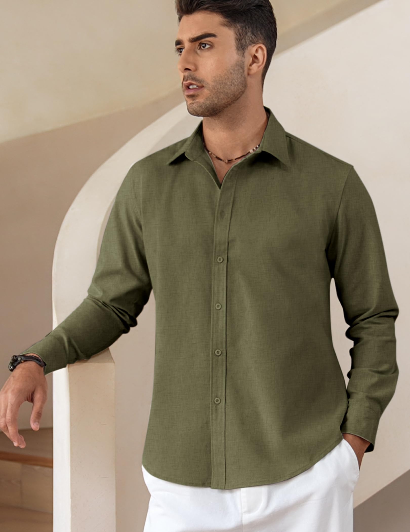 COOFANDY Men's Linen Button Down Long Sleeve Shirts Casual Summer Solid Oxford Dress Shirt ArmyGreen