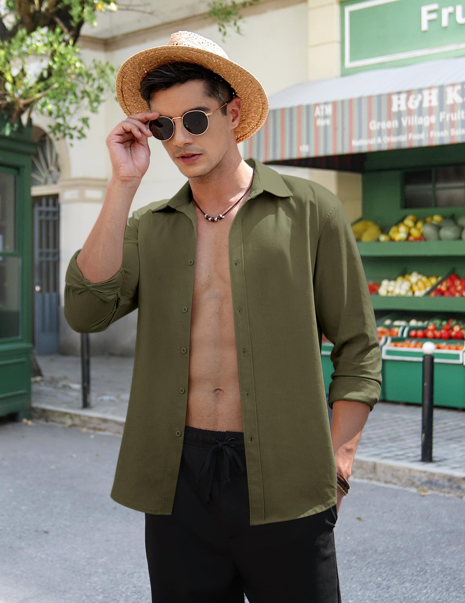 COOFANDY Men's Linen Button Down Long Sleeve Shirts Casual Summer Solid Oxford Dress Shirt ArmyGreen