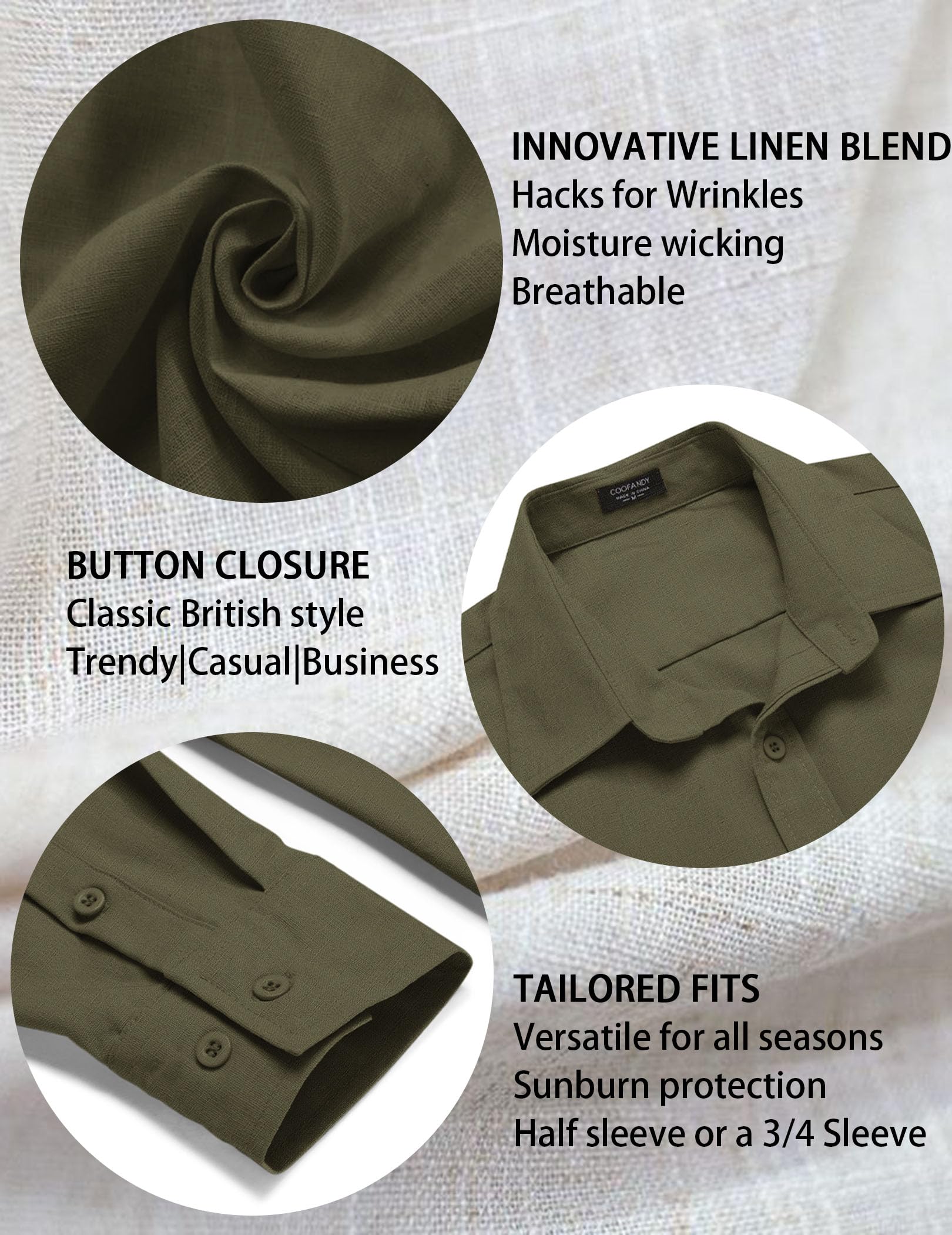 COOFANDY Men's Linen Button Down Long Sleeve Shirts Casual Summer Solid Oxford Dress Shirt ArmyGreen