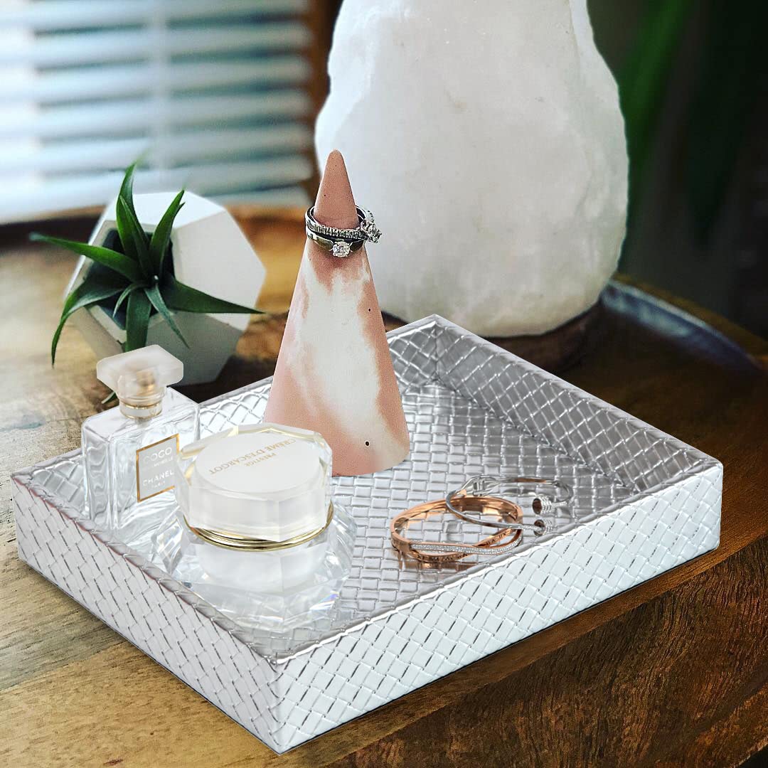 Gurfuy Rectangular Faux Leather Small Serving Tray 10" x 8" Modern Elegant Decorative Tray for Coffee Table Jewelry Perfume Organizer Living Dining Room Coffee Table Bathroom Office (Silver-2 Pcs)