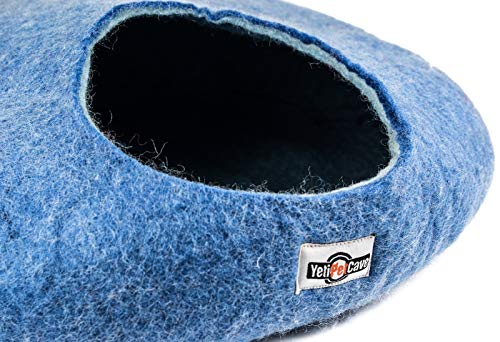 Yeti Pet Cave Pet Bed for Cats and Small Dogs, 100% New Zealand Wool, Blue
