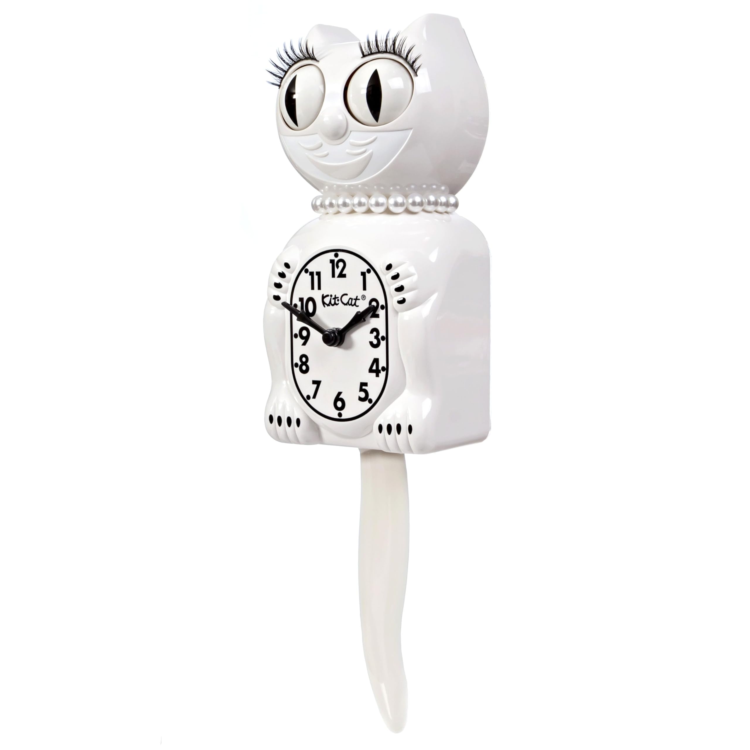 Kit-Cat Klock Limited Edition White Lady with Pearl Necklace & Eyelashes - Cat Clock with Moving Eyes and Tail Wall Clock, Made in USA