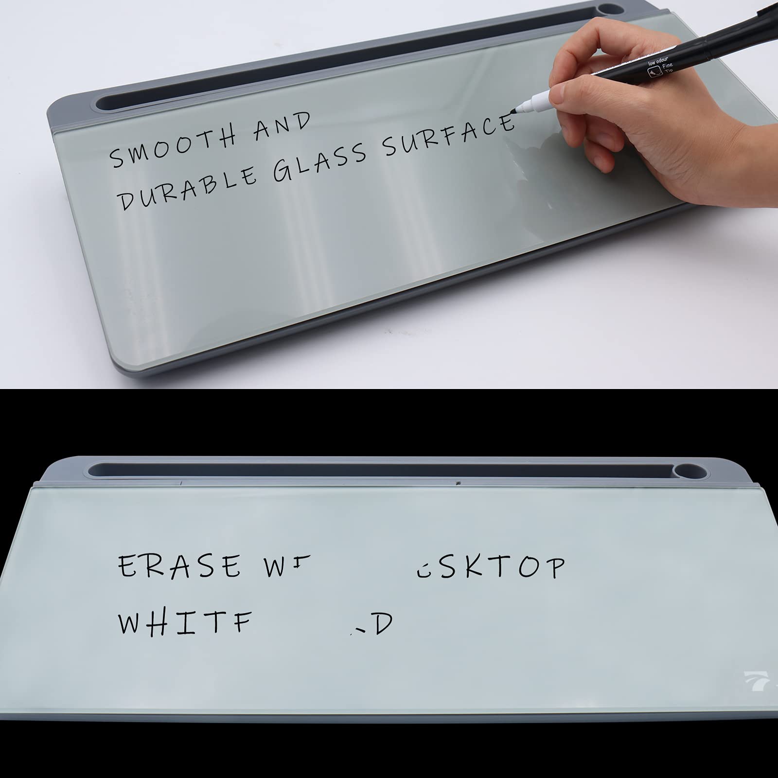TOWON Small Tilted Desktop Glass Whiteboard, Notepad Computer Keyboard Stand with Dry Erase Board Surface, Desk Organizers with Accessories for Office, Home, School Supplies, Gray, 18 x 6 Inches