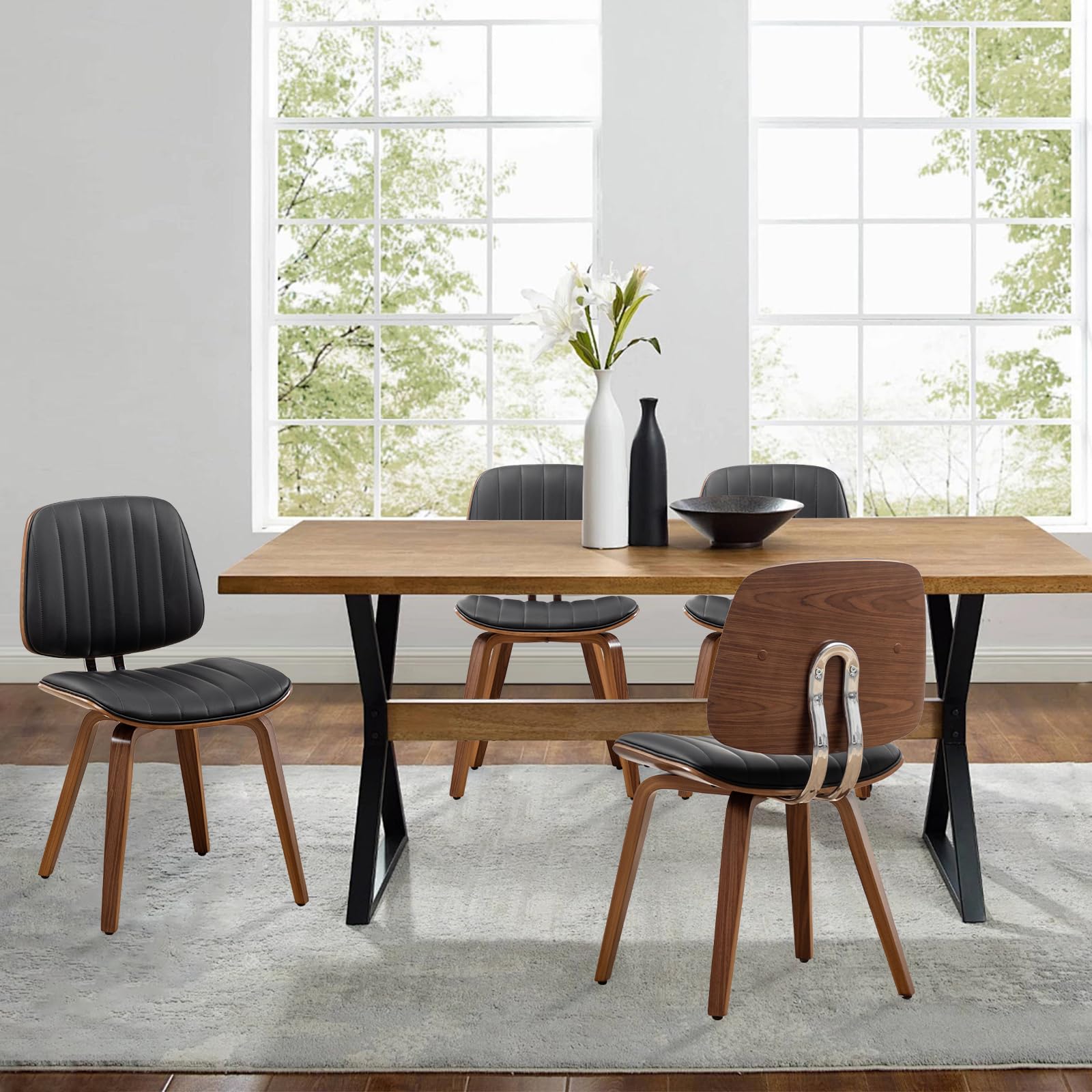 LUNLING Mid Century Modern Dining Chairs,Retro Black Faux Leather Chairs,Walnut Bentwood Upholstered Seat Wood Legs Side Chairs Adjustable Foots for Kitchen Dining Room Chairs, Set of 4