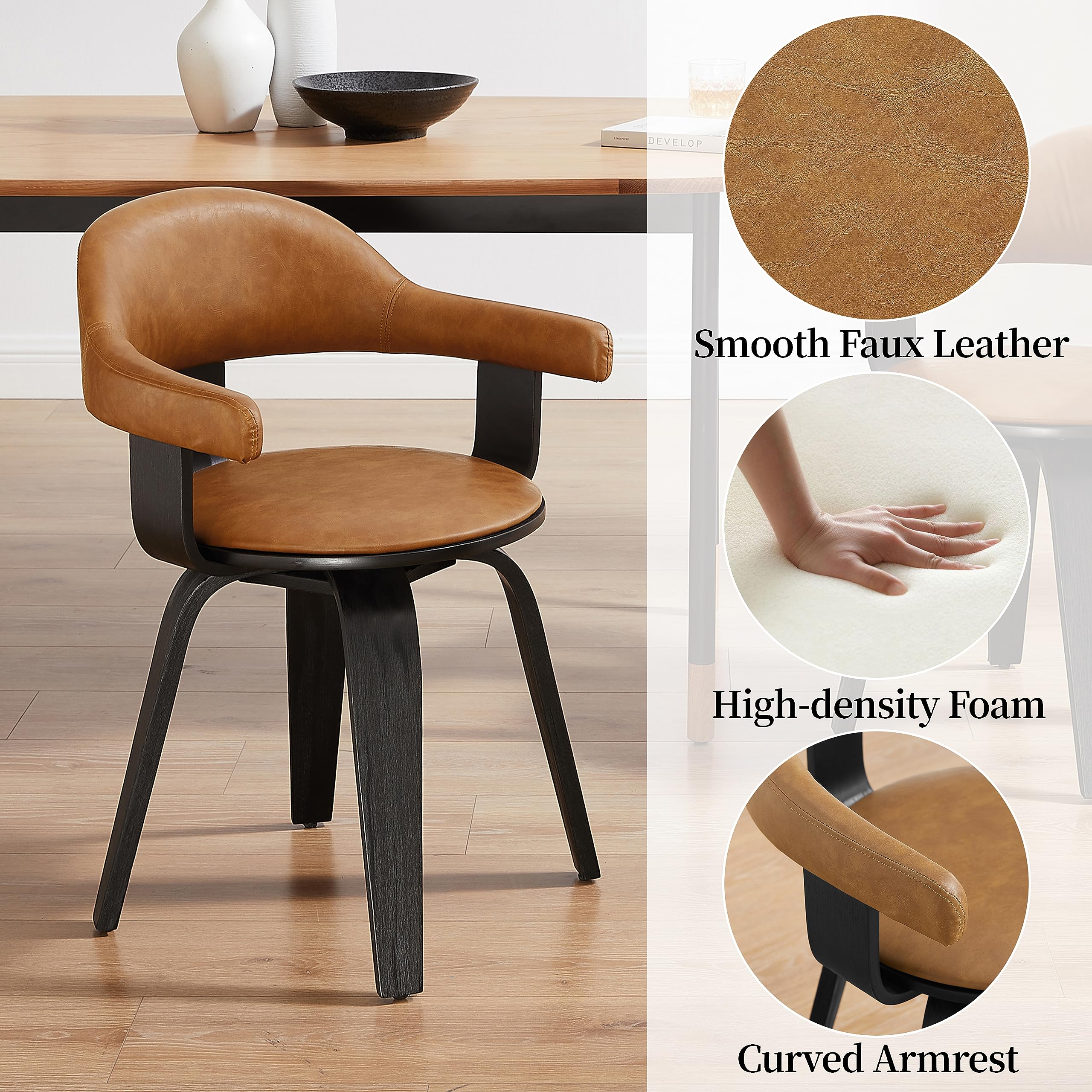 Art Leon Swivel Dining Chairs Set of 2, Mid Century Modern Faux Leather Kitchen Dining Room Chairs, Bentwood Accent Chairs with Wood Legs, Brown