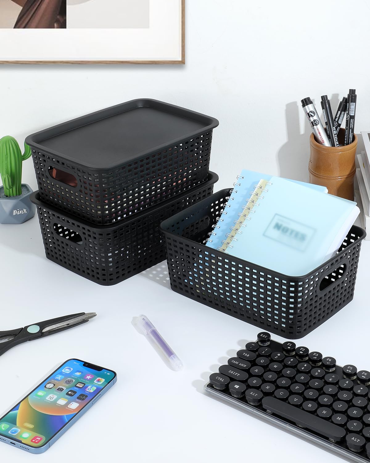 AREYZIN Storage Bins Plastic Storage Baskets With Lid Small Baskets for Organizing Stackable Storage Container Organizer Bins for Shelves Drawers Desktop Playroom Classroom Office, 6 Pack,Black
