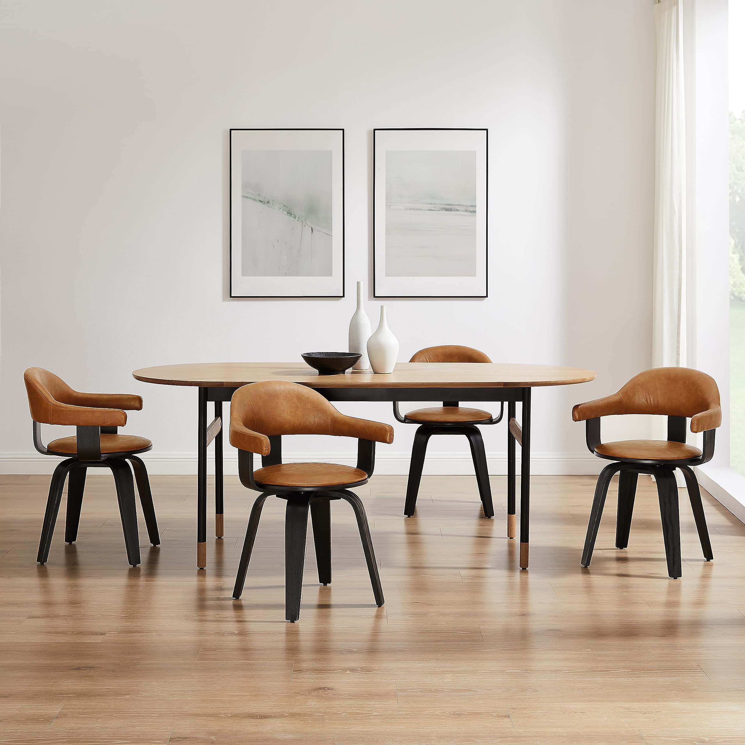 Art Leon Swivel Dining Chairs Set of 2, Mid Century Modern Faux Leather Kitchen Dining Room Chairs, Bentwood Accent Chairs with Wood Legs, Brown