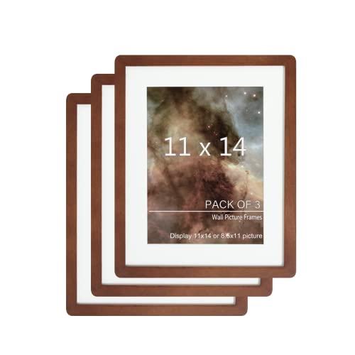 TRAHOME 11x14 Picture Frame,Solid Wood,3 Pack Photo Frames, Display Pictures 8.5x11 with Mat or 11x14 Without Mat, Gallery Wall Photo Frames-Brown