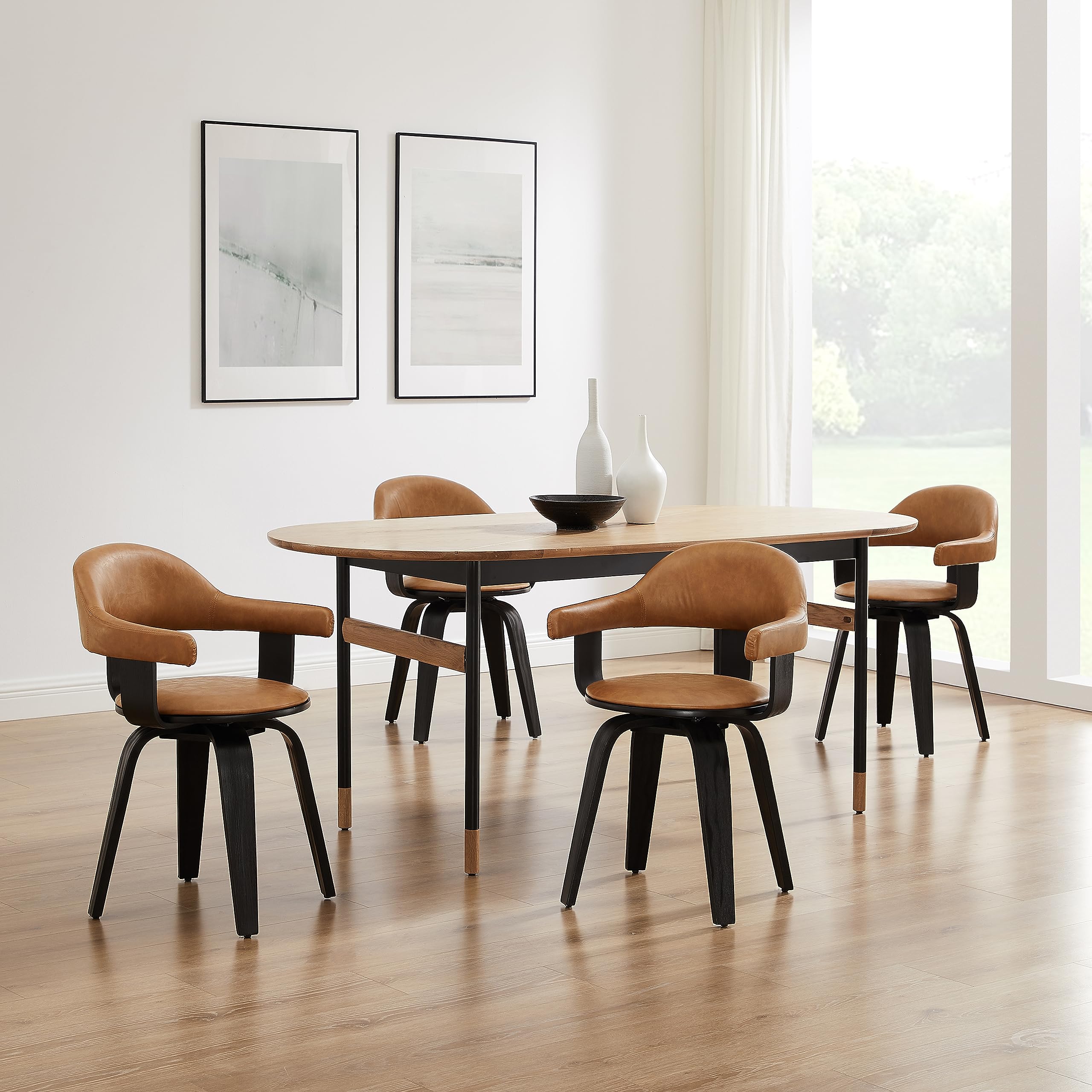 Art Leon Swivel Dining Chairs Set of 2, Mid Century Modern Faux Leather Kitchen Dining Room Chairs, Bentwood Accent Chairs with Wood Legs, Brown