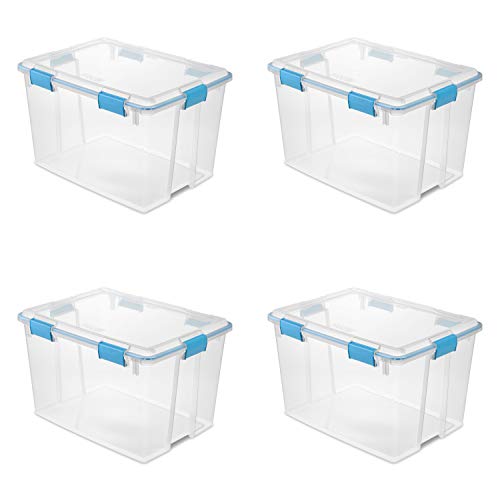 Sterilite 80 Quart Clear Plastic Stackable Storage Container Box Bin with Air Tight Gasket Seal Latching Lid Long Term Organizing Solution, 4 Pack