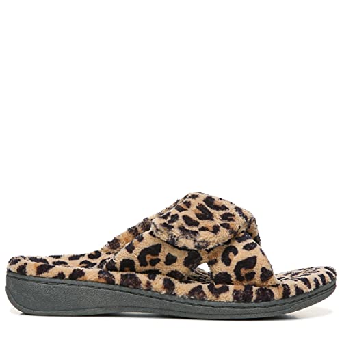 Vionic Women's Indulge Relax Slipper - Ladies Comfortable Cozy Adjustable House Slippers with Concealed Orthotic Arch Support Leopard Natural 8 Medium US
