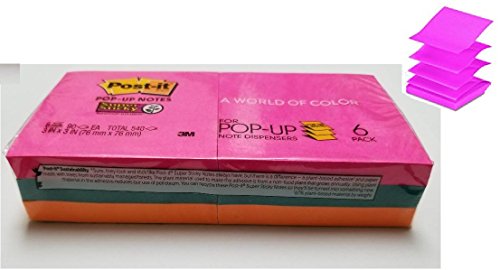 Post-it (TM) 3" x 3" Super Sticky Pop-Up Notes, Assorted Colors, 90 Sheets per Pad, Combo Set of 6 Pads