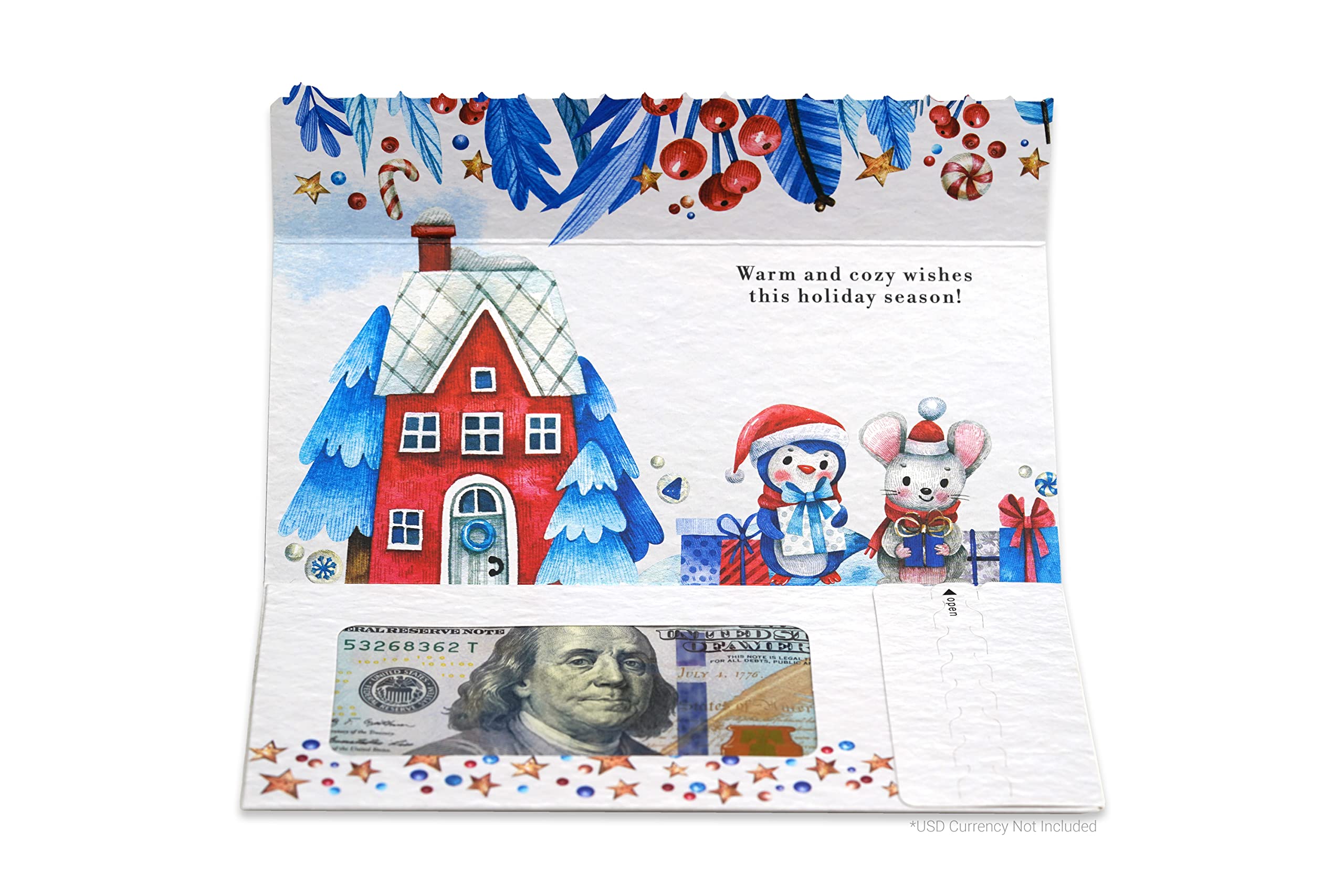 ZipGifts Holiday Card | Zip-Open Money Holder w/Clear Plastic Window for Cash, Check, & Gift Card (Holiday | Warm & Cozy)