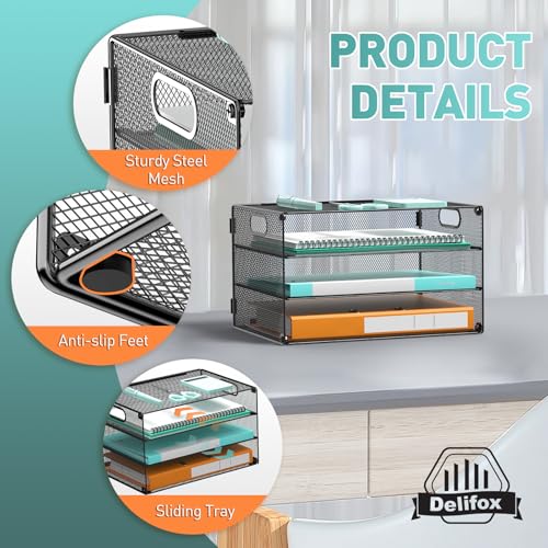 4-Tier Letter Tray Paper Organizer with Handle,Mesh File Holder Organization Document Storage for Office Home School, Black