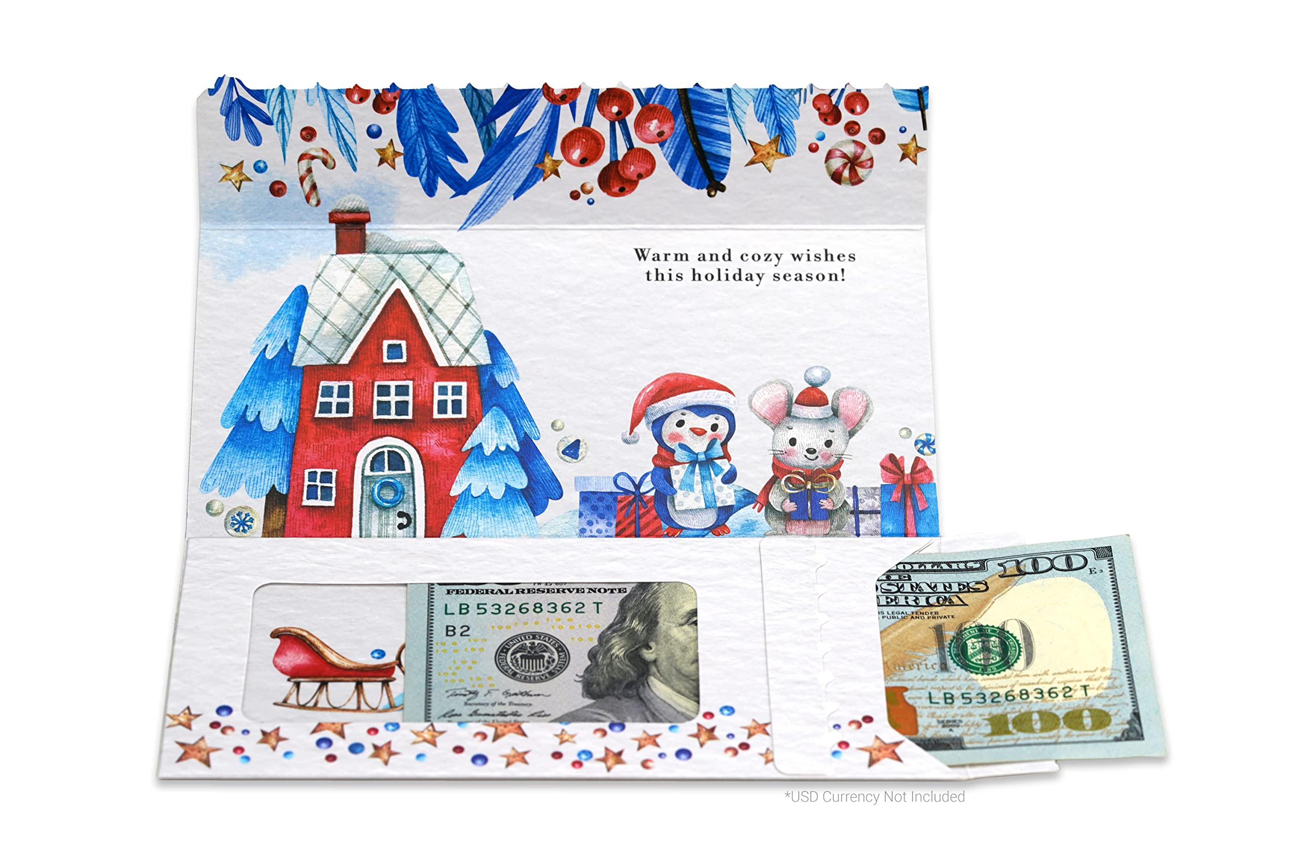 ZipGifts Holiday Card | Zip-Open Money Holder w/Clear Plastic Window for Cash, Check, & Gift Card (Holiday | Warm & Cozy)