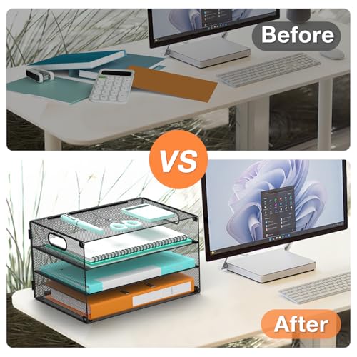 4-Tier Letter Tray Paper Organizer with Handle,Mesh File Holder Organization Document Storage for Office Home School, Black