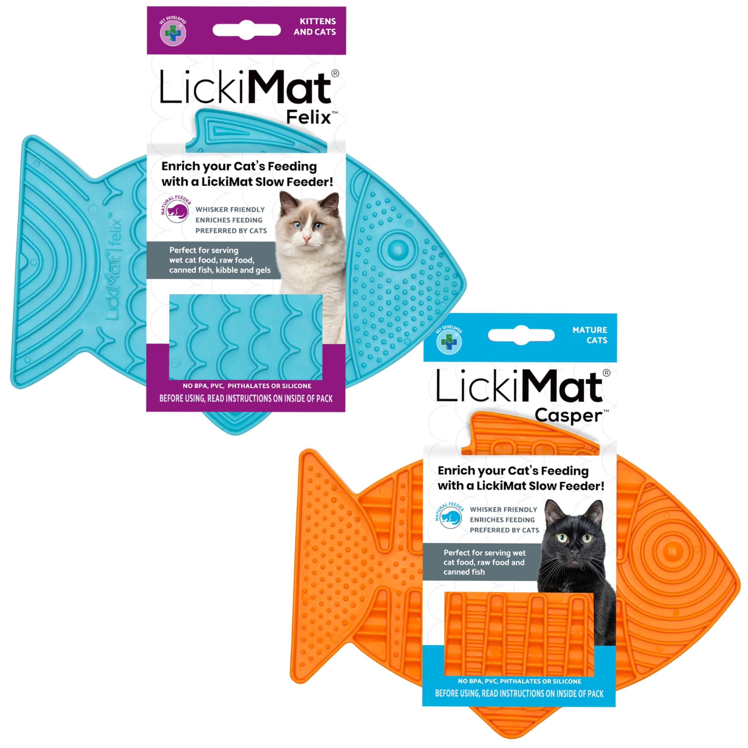 Lickimat Casper & Felix, Fish-Shaped Cat Slow Feeders Lick Mat, Boredom Anxiety Reducer; Perfect for Food, Treats and Anxiety Reduction. (Orange & Turquoise)