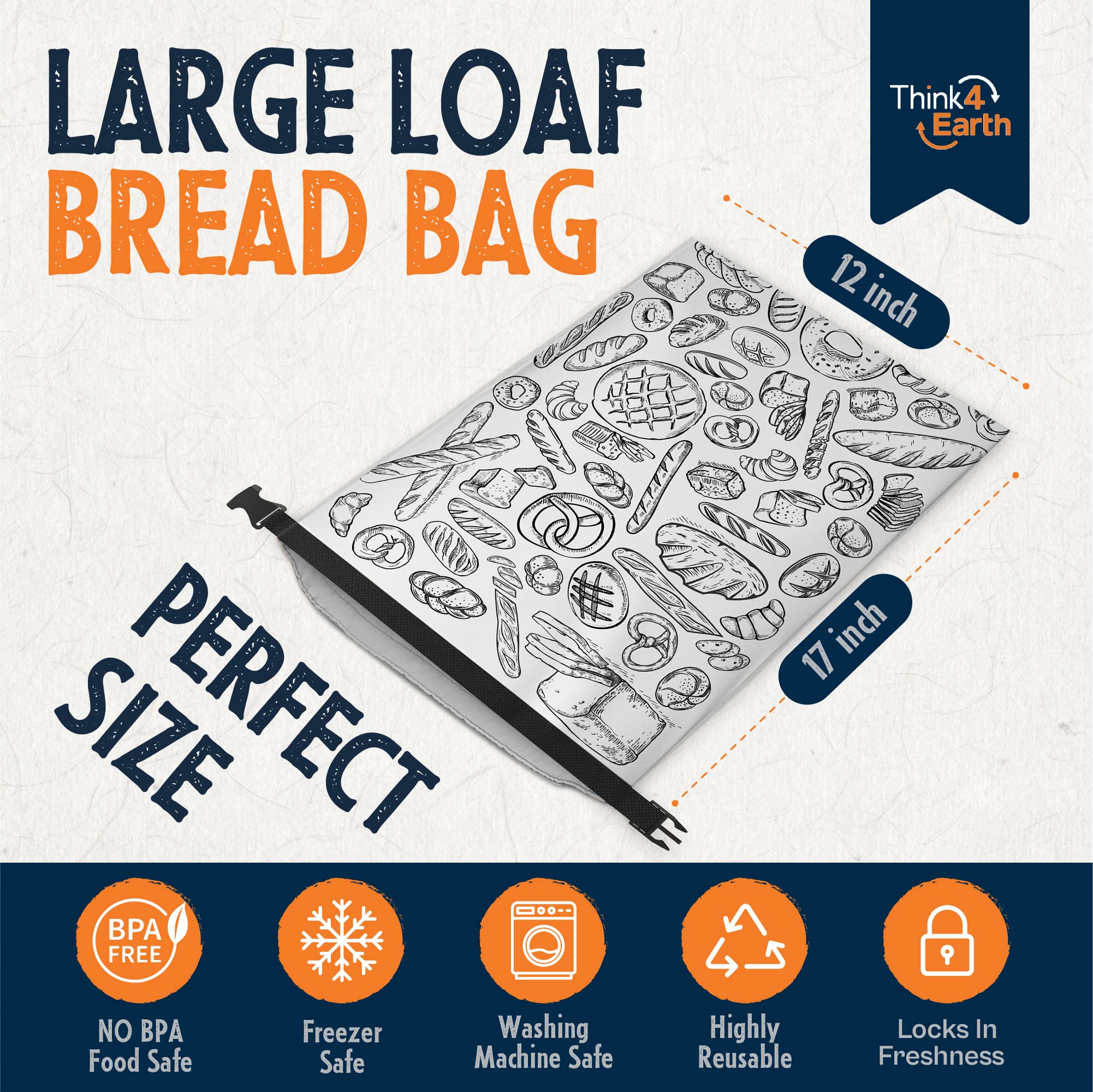 THINK4EARTH® - 2 Packs Bread Bags, Bread Bags for Homemade Bread Loaf, Freezer Bread Storage Bag, Bread Container, Reusable Food Storage Bag, Large Bread Bags for Homemade Bread with Double Lining.