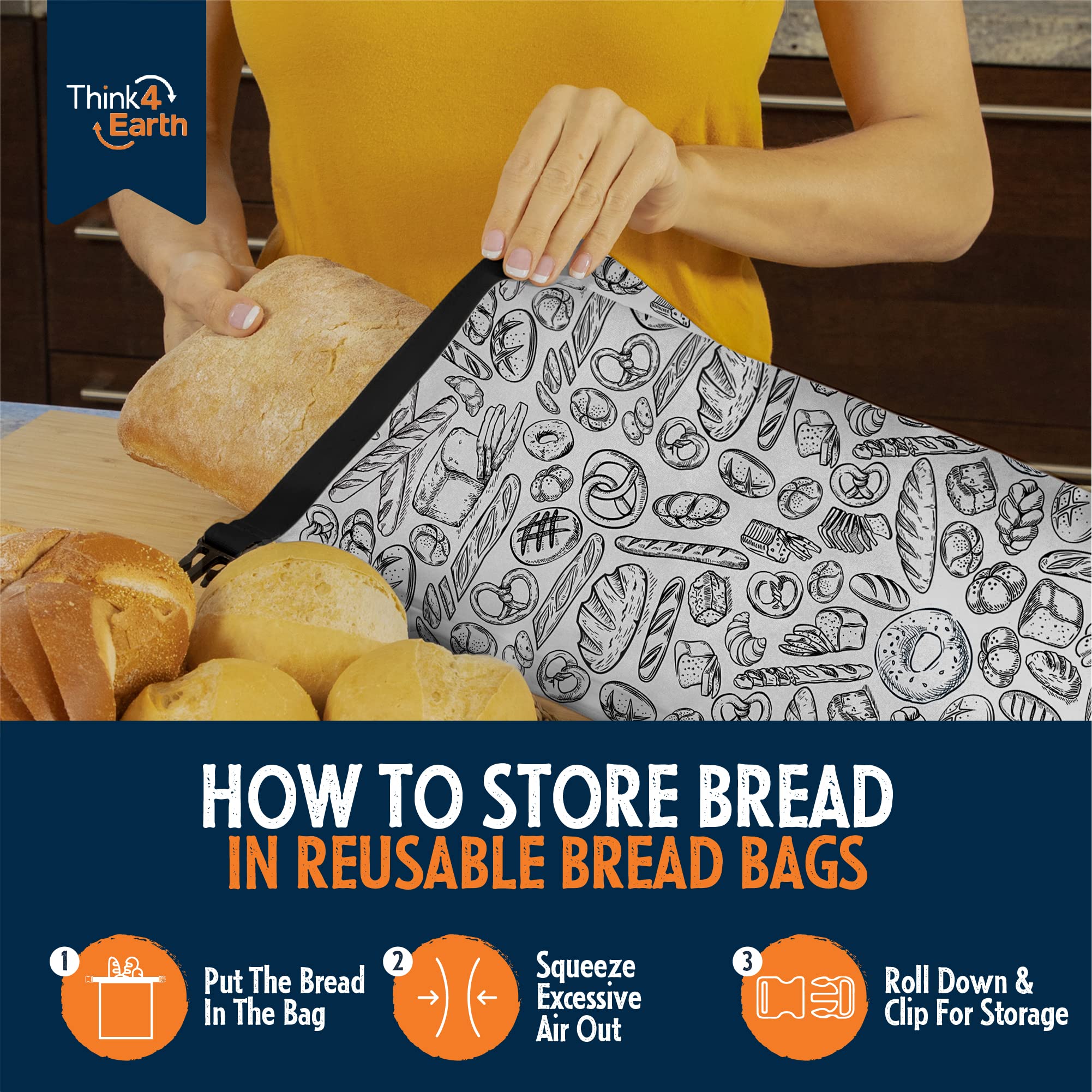 THINK4EARTH® - 2 Packs Bread Bags, Bread Bags for Homemade Bread Loaf, Freezer Bread Storage Bag, Bread Container, Reusable Food Storage Bag, Large Bread Bags for Homemade Bread with Double Lining.