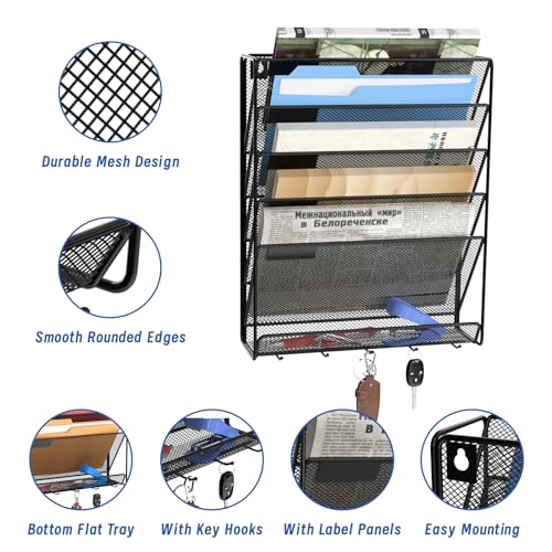 samstar Wall File Organizer with Hooks, 6 Tier Wall Mount File Holder Hanging File Organizer Vertical File Rack for Office/School/Home, Black