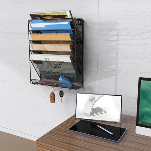 samstar Wall File Organizer with Hooks, 6 Tier Wall Mount File Holder Hanging File Organizer Vertical File Rack for Office/School/Home, Black
