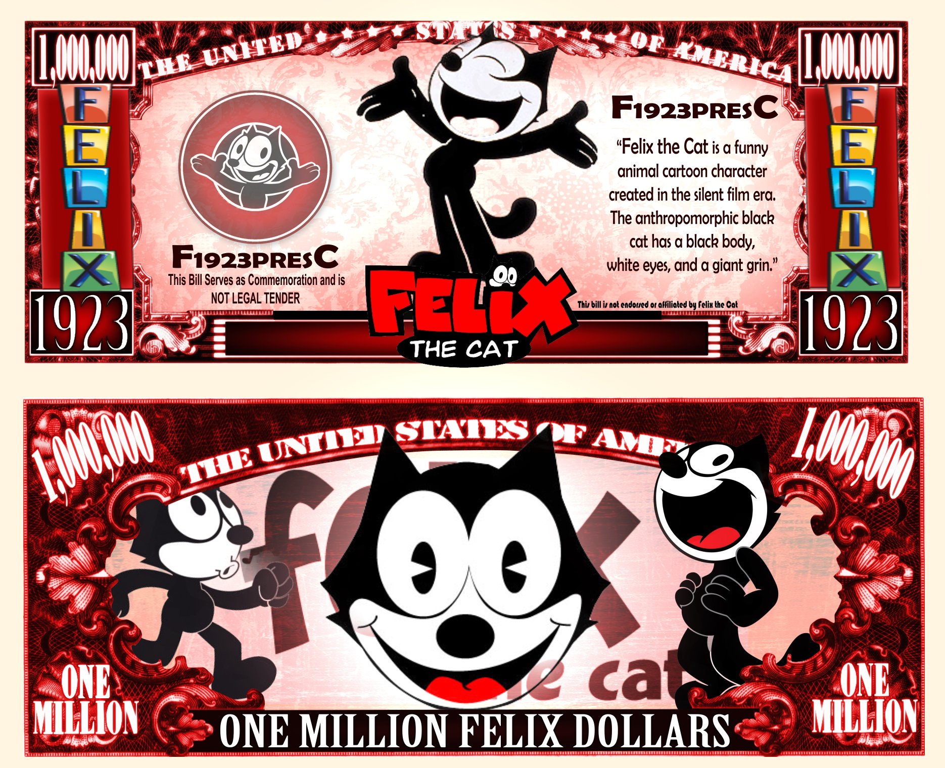 Anime Source Felix Black Cat Funny Cartoon Style Commemorative Novelty Million Bill with Semi Rigid Protector Sleeve