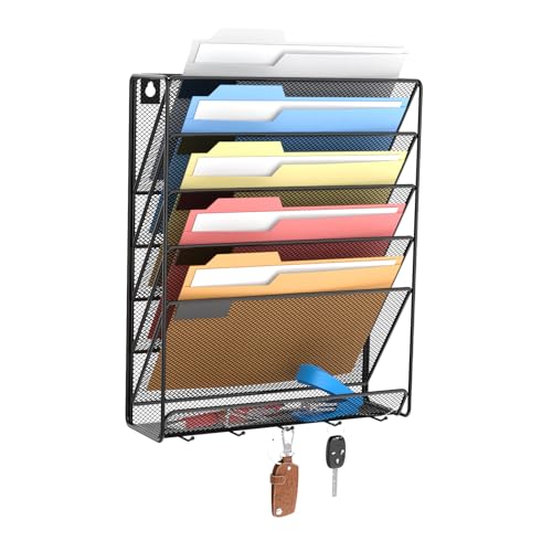 samstar Wall File Organizer with Hooks, 6 Tier Wall Mount File Holder Hanging File Organizer Vertical File Rack for Office/School/Home, Black