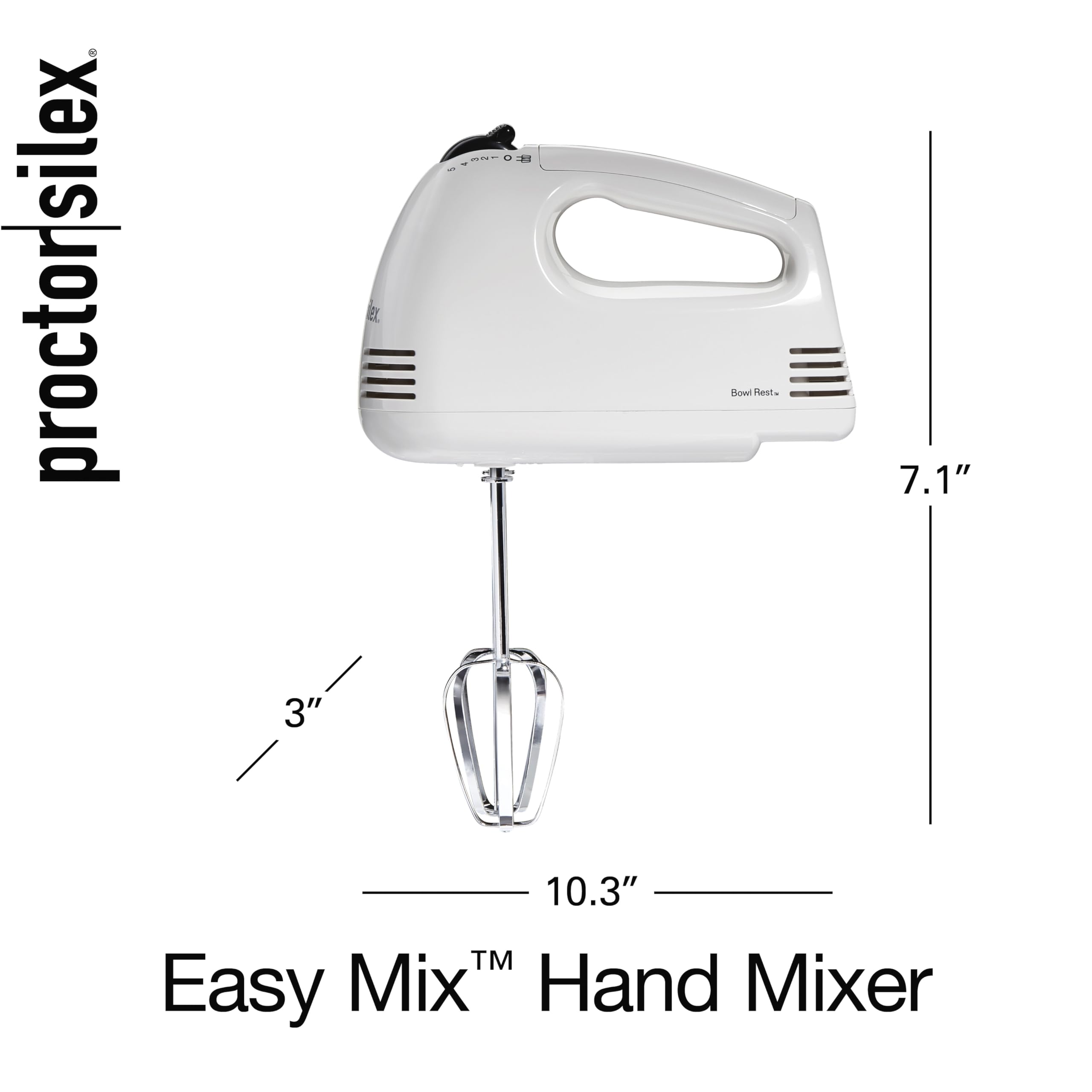 Proctor Silex Easy Mix 5-Speed Electric Hand Mixer with Bowl Rest, Compact and Lightweight, 100 Watts of Peak Power, White (62515PS)