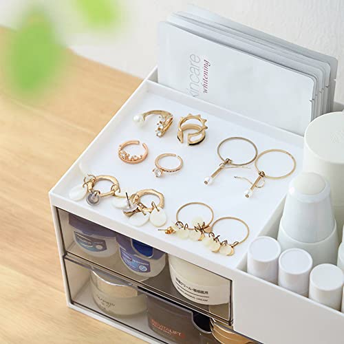 BiutiMama Desk Organizers and accessories with 2 Cosmetic Storage Drawers and 4 Compartments, Makeup Stationery Vanity Organizer, Desk Decor Aesthetic Multifunctional for Office, School, Home (White)