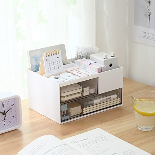BiutiMama Desk Organizers and accessories with 2 Cosmetic Storage Drawers and 4 Compartments, Makeup Stationery Vanity Organizer, Desk Decor Aesthetic Multifunctional for Office, School, Home (White)