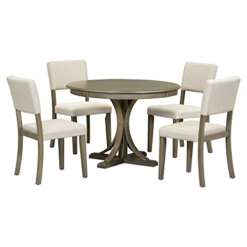 POCIYIHOME 5-Piece Retro, Round Curved Trestle Style Leg, 4 Upholstered Chairs with Seat Cushion, Kitchen Table Set for Home Dining Room/Restaurant Furniture (Taupe)