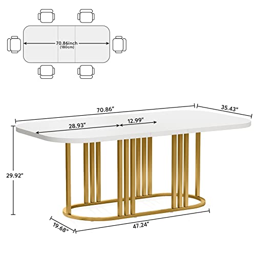 Tribesigns Gold Dining Table for 6, 71” Modern White Kitchen Table, Rectangular Dining Room Table with Heavy Duty Oval-Shaped Metal Frame, White/Gold