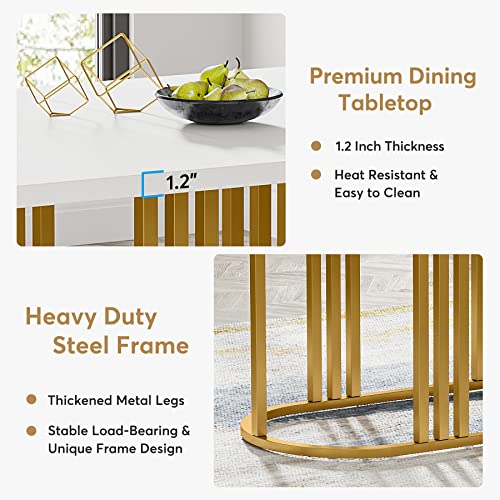 Tribesigns Gold Dining Table for 6, 71” Modern White Kitchen Table, Rectangular Dining Room Table with Heavy Duty Oval-Shaped Metal Frame, White/Gold