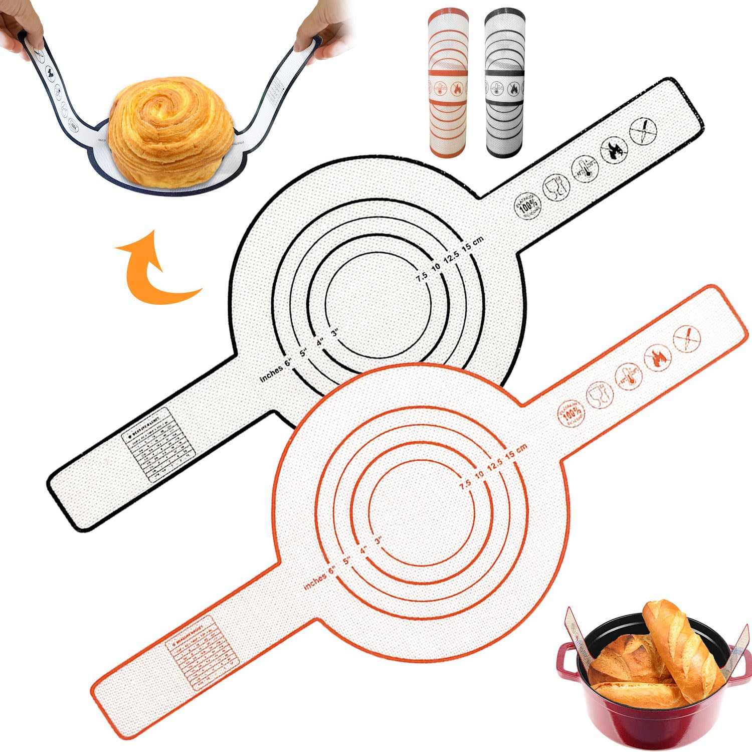 WHTAOMILI 2Pcs Silicone Baking Mat For Dutch Oven, Long Silicone Bread Sling Non-Stick Oven Liner Mat, Silicone Pastry Mat for Baking Mat Set For Dough Pizza Cookies Transfer and Baking（Red&Black)