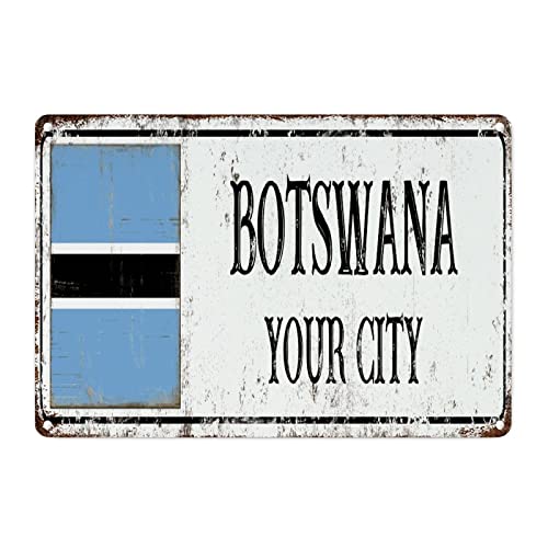 WoGuangis Botswana Metal Tin Sign Wall Plaque Botswana National Flag Personalized Custom City Metal Tin Sign Country Souvenir Gift Vintage Metal Wall Decor for Living Room 12x18in