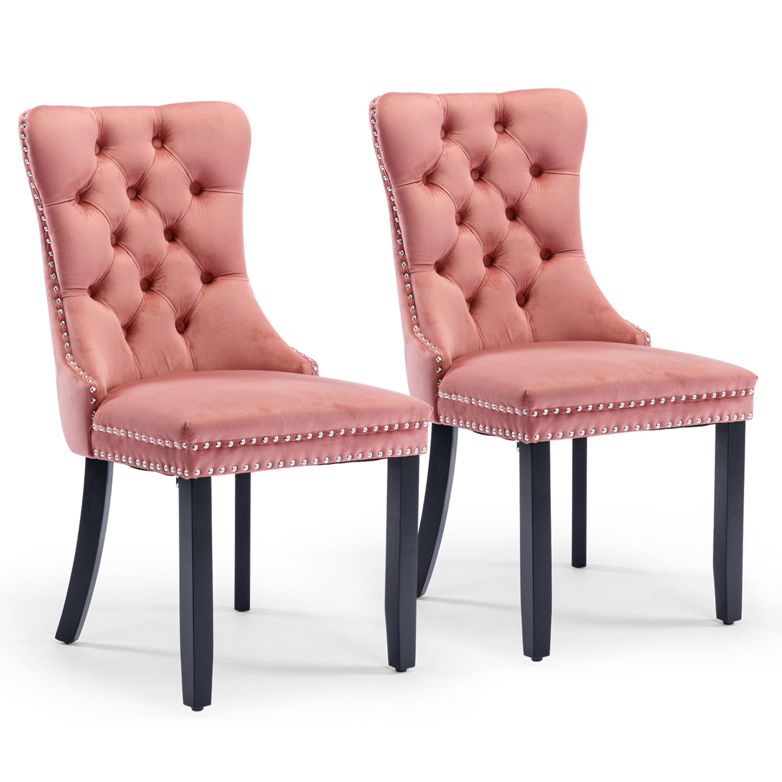 JETEAGO Velvet Dining Chair Set of 2, Upholstered Tufted Dining Room Chair with Nailhead Trim and Solid Wood Leg for Kitchen, Pink, W114391508