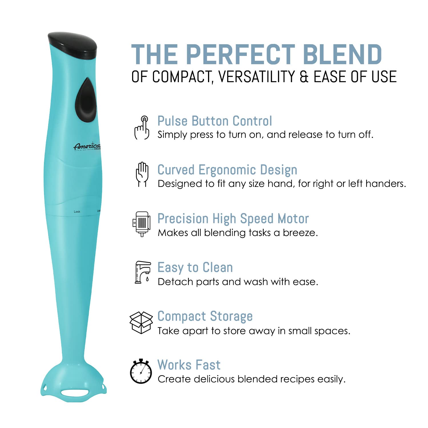 Elite Gourmet EHB-2425BL Aqua Electric Immersion Hand Blender, 150 Watts, For Soups, Sauces, Baby Food, Blue