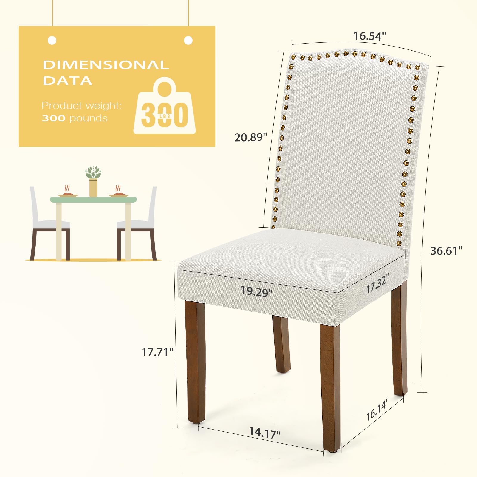 DUMOS Upholstered Dining Chairs Set of 2, Modern Fabric Dining Room Chair with Nailhead Trim and Wood Legs, Mid-Century Accent for Living Room, Kitchen, Beige