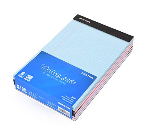 Mintra Office Legal Pads - ((BASIC PASTEL 6pk, 5in X 8in, NARROW RULED)) - 50 Sheets per Notepad, Micro perforated Writing Pad, Notebook Paper for School, College, Office, Professional