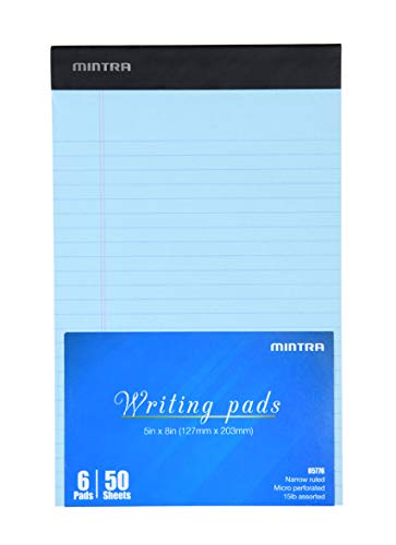 Mintra Office Legal Pads - ((BASIC PASTEL 6pk, 5in X 8in, NARROW RULED)) - 50 Sheets per Notepad, Micro perforated Writing Pad, Notebook Paper for School, College, Office, Professional