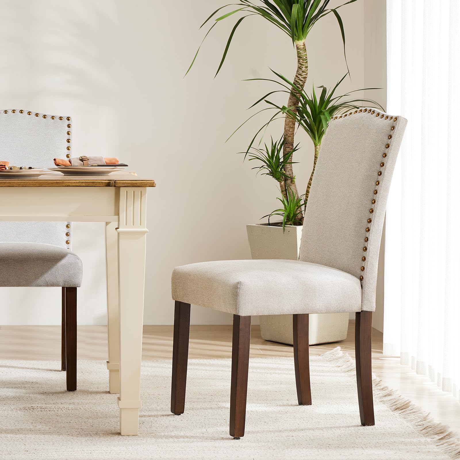 DUMOS Upholstered Dining Chairs Set of 2, Modern Fabric Dining Room Chair with Nailhead Trim and Wood Legs, Mid-Century Accent for Living Room, Kitchen, Beige