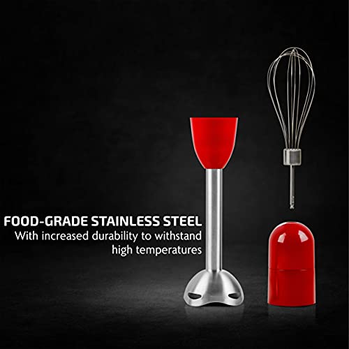 OVENTE Immersion Electric Hand Blender 300 Watt Power 2 Mix Speed with Stainless Steel Blades, Handheld Stick Mixer Set with Egg Whisk Attachment Mixing Beaker and BPA-Free Food Chopper, Red HS565R
