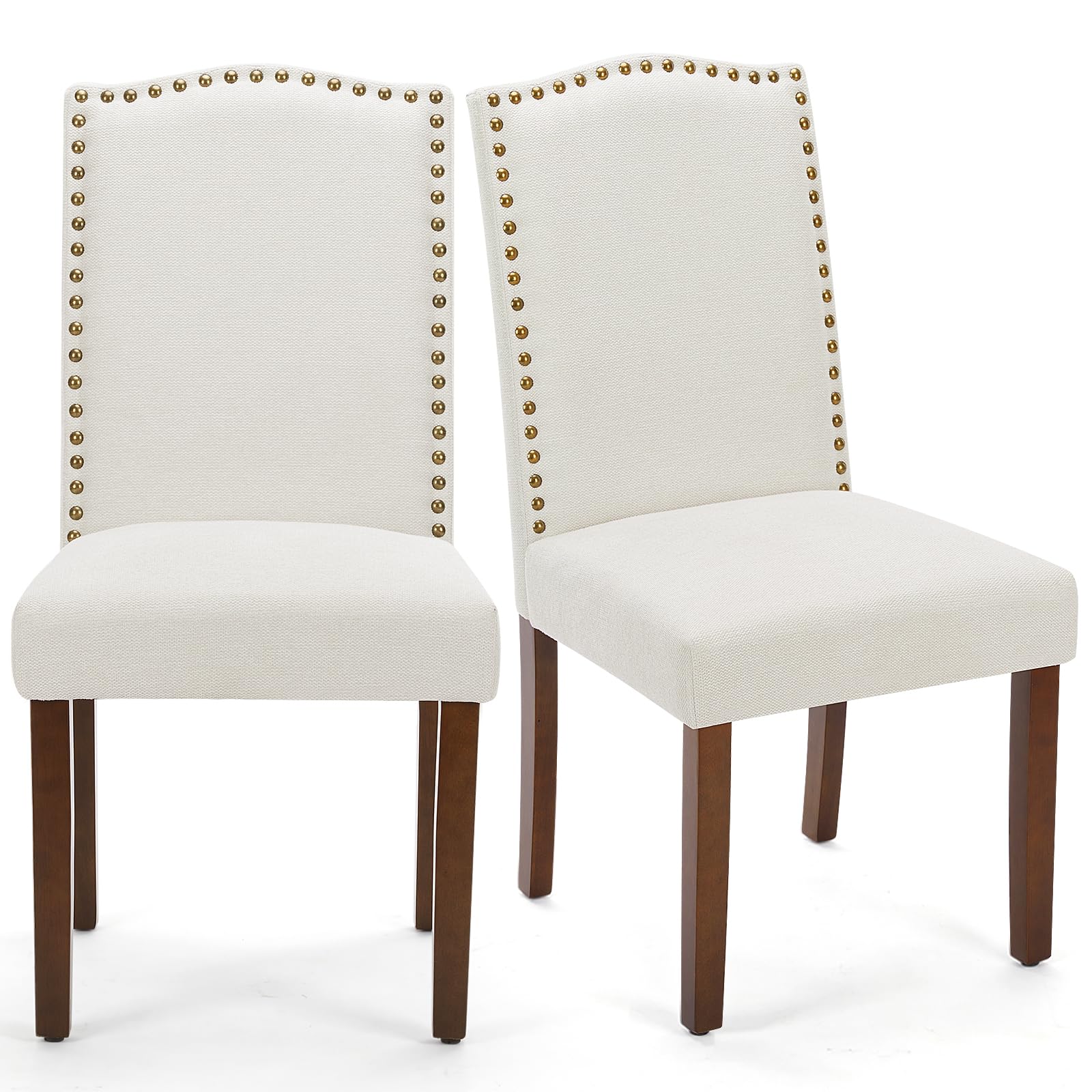 DUMOS Upholstered Dining Chairs Set of 2, Modern Fabric Dining Room Chair with Nailhead Trim and Wood Legs, Mid-Century Accent for Living Room, Kitchen, Beige