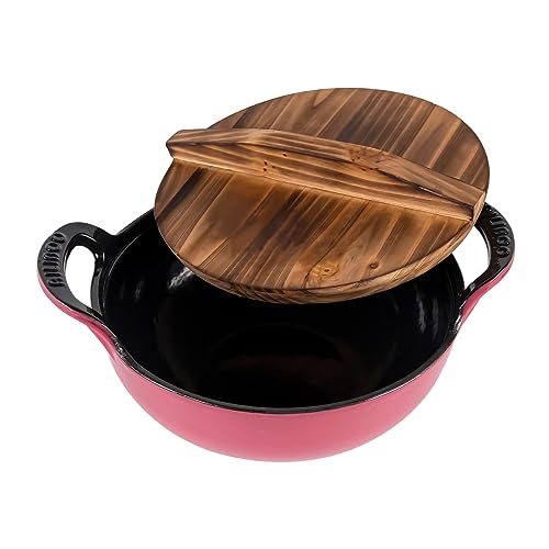 AILIBOO 2 Quart Dutch Oven Pot Round Cast Iron Enamel Cookware with Wooden Lid Soup Pot Mini Soup Pots - Pink