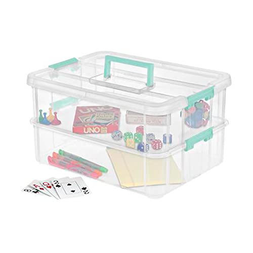 Sterilite Convenient Small Home 2-Tiered Layer Stack Carry Storage Box with Colored Accent Secure Latching Lid, Clear (4 Pack)